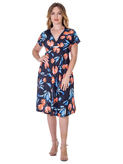 24SEVEN COMFORT APPAREL Petites Tulip Print V Neck Empire Waist Knee Length Dress